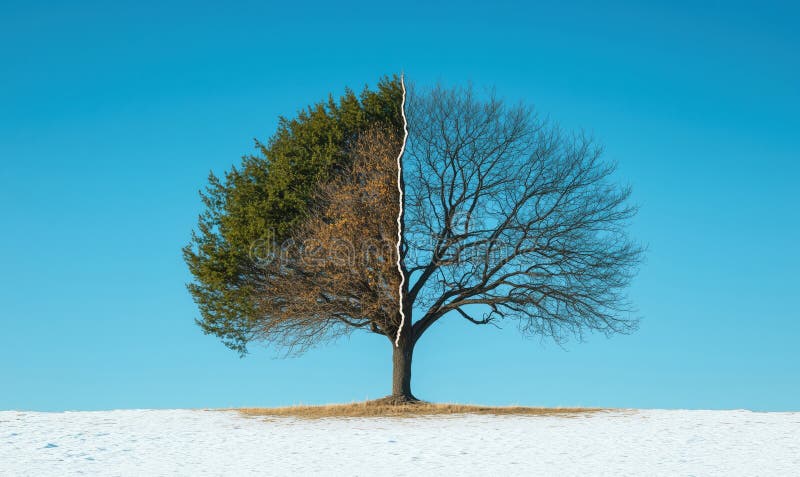 Tree Split Seasons Showcasing Winter Summer Contrast Stock Photos ...