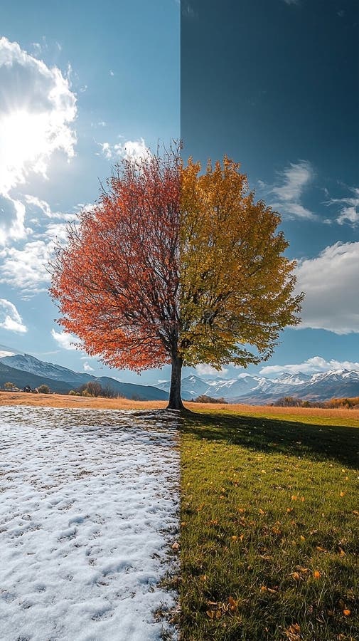 A Tree Split in Two Seasons Showing Autumnal Colors and Winter Snowfall ...