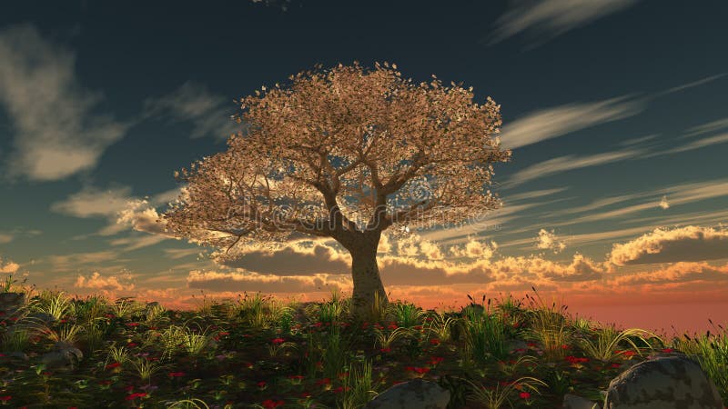 Tree Spring in Meadow Sunset Stock Illustration - Illustration of ...