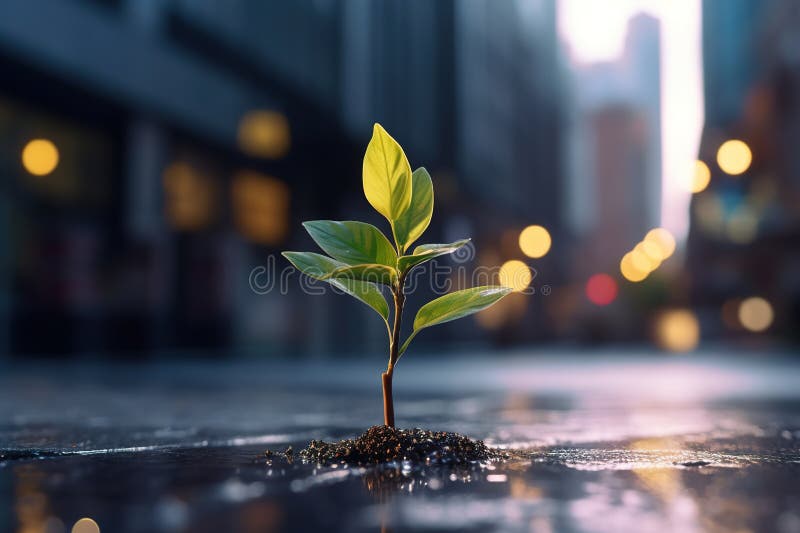 Tree Sprout Sprouted through the Asphalt in the City. AI Generated ...