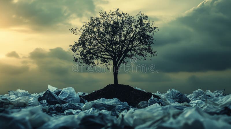 Tree Standing Alone Amid Plastic Waste in Environmental Setting Stock ...