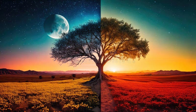 A Tree Standing between Day and Night, Split by Warm Sunset and Cool ...