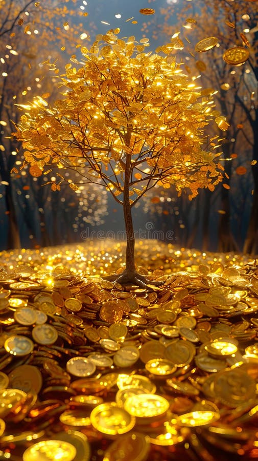 A Tree is Standing in a Field of Gold Coins Stock Photo - Image of coin ...