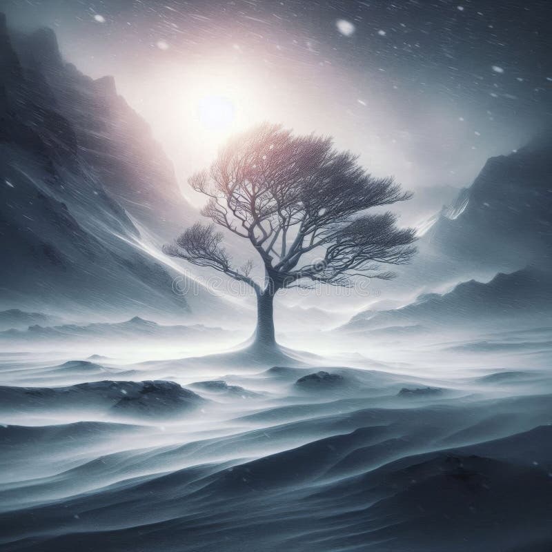 Tree Standing Firm in a Blizzard Amidst Swirling Snow and Winds Stock ...