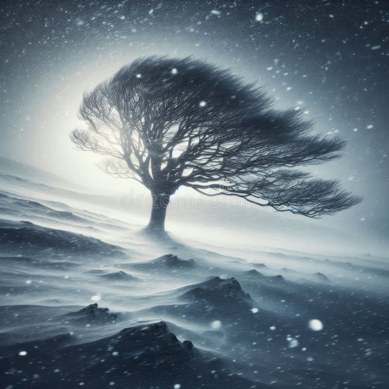 Tree Standing Firm in a Blizzard Amidst Swirling Snow and Winds Stock ...