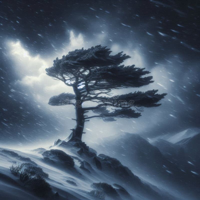 Tree Standing Firm in a Blizzard Amidst Swirling Snow and Winds Stock ...