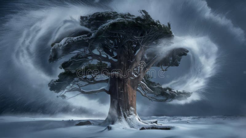 Tree Standing Firm in a Blizzard Amidst Swirling Snow and Winds Stock ...