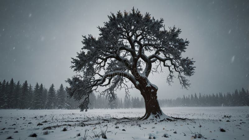 Tree Standing Firm in a Blizzard Amidst Swirling Snow and Winds Stock ...