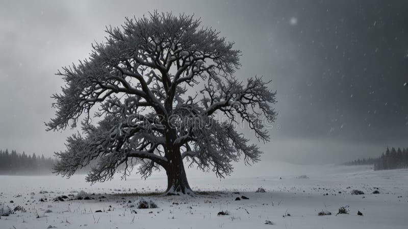 Tree Standing Firm in a Blizzard Amidst Swirling Snow and Winds Stock ...