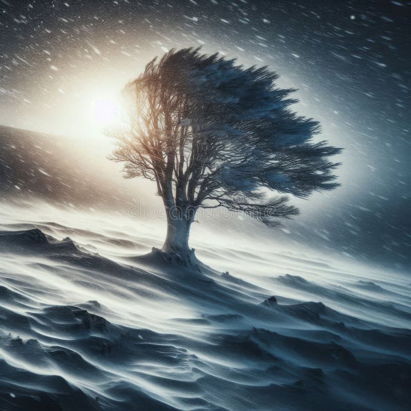 Tree Standing Firm in a Blizzard Amidst Swirling Snow and Winds Stock ...