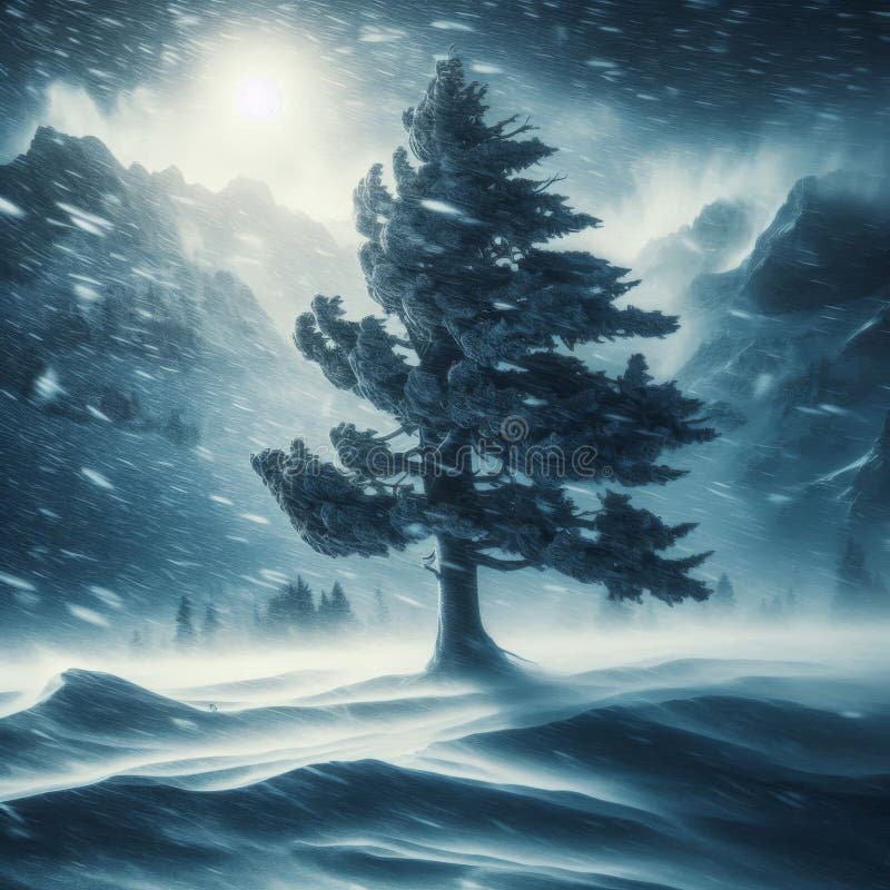Tree Standing Firm in a Blizzard Amidst Swirling Snow and Winds Stock ...