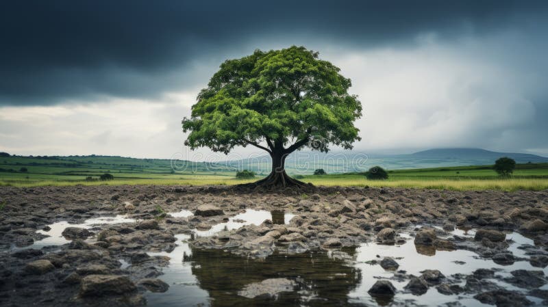 A Tree is Standing in the Middle of a Muddy Field Stock Illustration ...