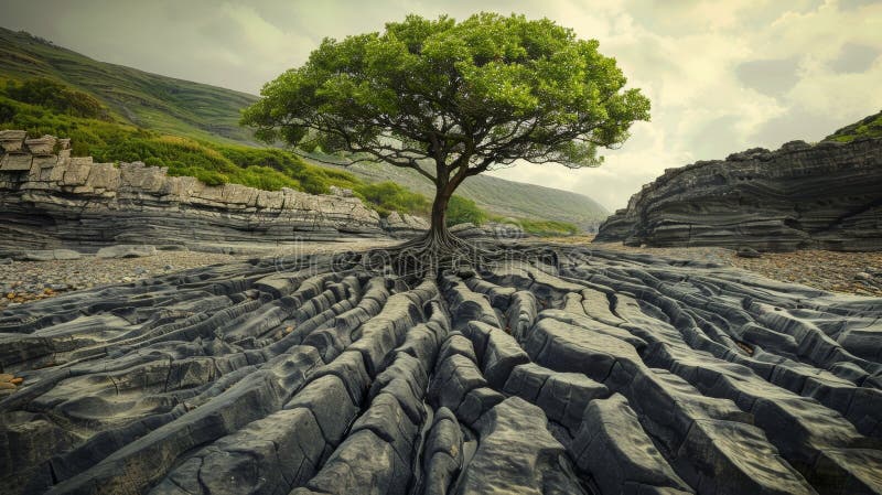 A Tree Standing Strong Amidst a Landscape of Eroded and Weathered Rocks ...
