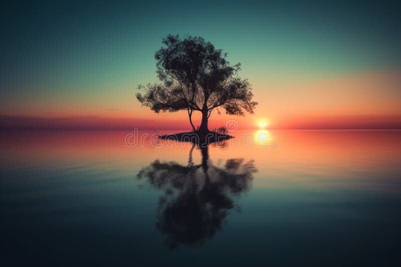 Tree Standing in the Water during a Breathtaking Sunset, with Its ...