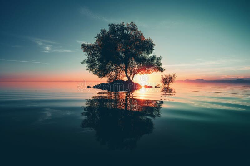 Tree Standing in the Water during a Breathtaking Sunset, with Its ...