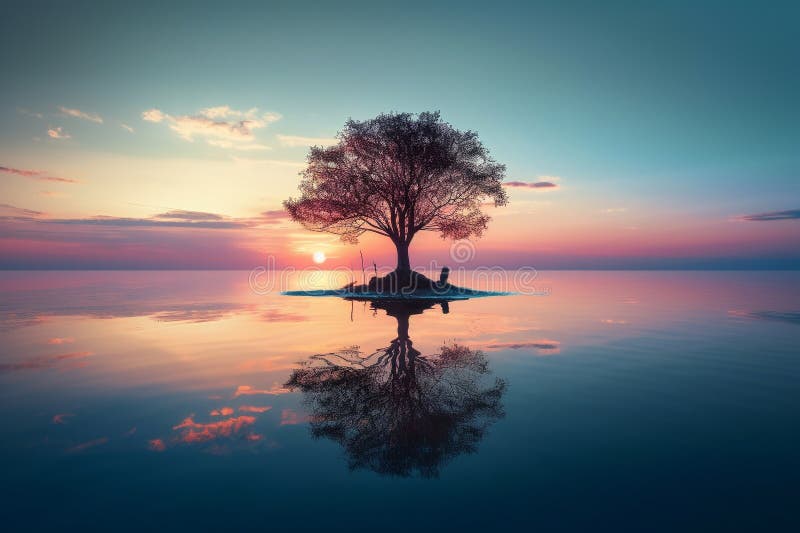 Tree Standing in the Water during a Breathtaking Sunset, with Its ...