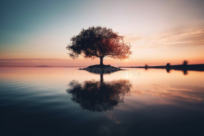 Tree Standing in the Water during a Breathtaking Sunset, with Its ...
