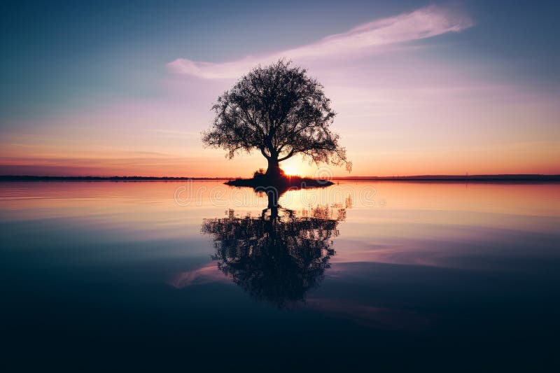 Tree Standing in the Water during a Breathtaking Sunset, with Its ...