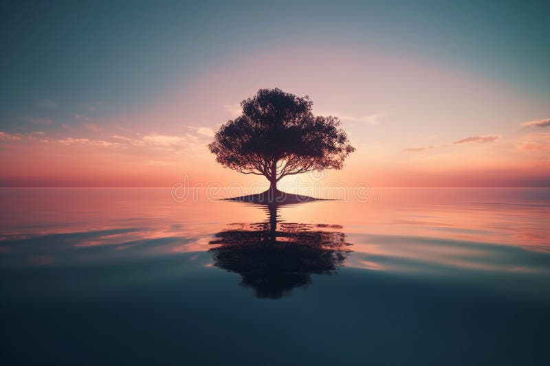 Tree Standing in the Water during a Breathtaking Sunset, with Its ...