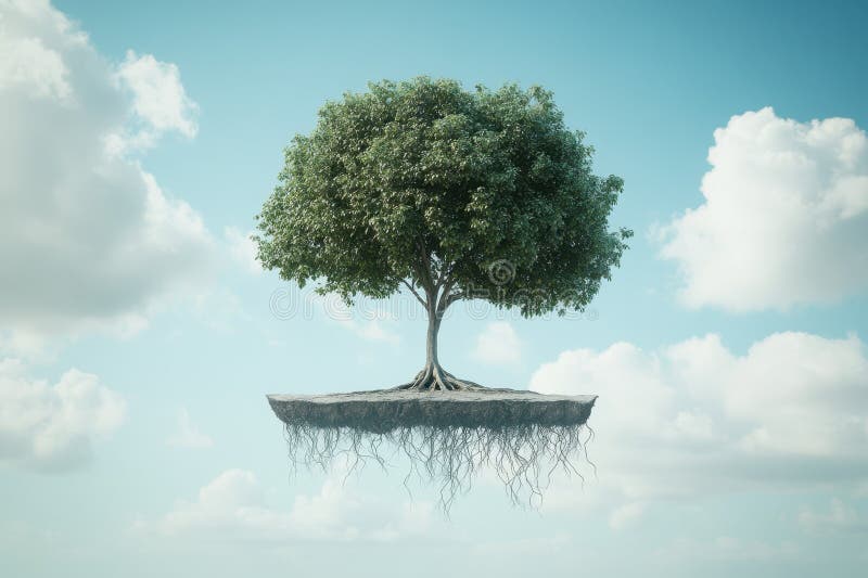 Tree with Roots Floating Above Ground in a Clear Blue Sky Stock Image ...