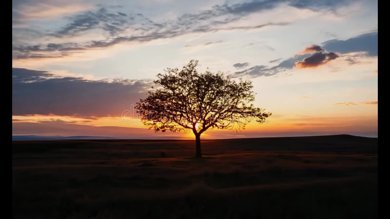 A Tree Stands in a Field with a Beautiful Sunset in the Background ...