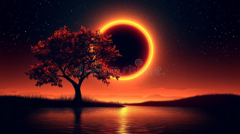 A Tree Stands Out in Silhouette Against the Backdrop of a Circular ...