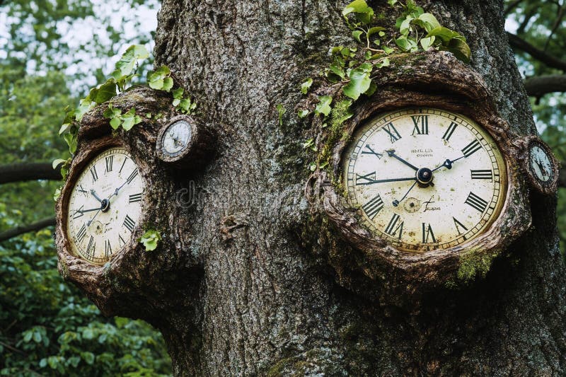 Unique Tree Adorned with Clocks Against a Clear Sky in a Serene ...