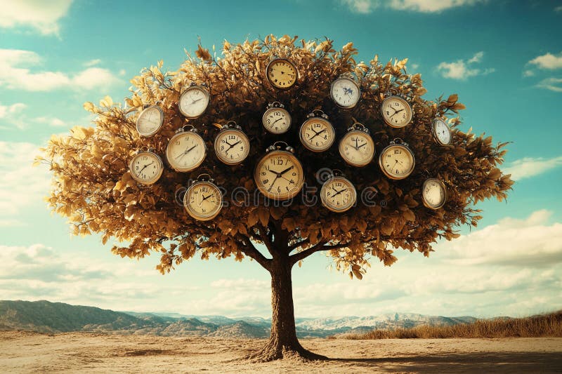 Unique Tree Adorned with Clocks Against a Clear Sky in a Serene ...