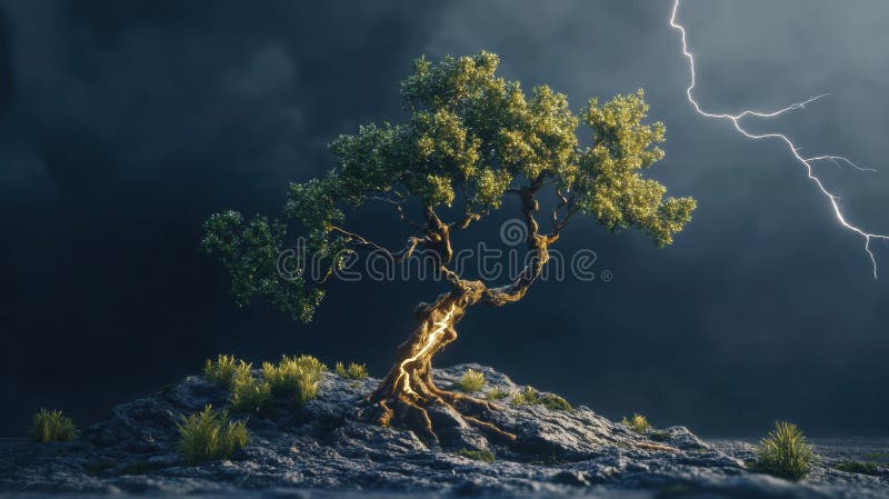 Tree Stands on Rocky Ground during Storm with Lightning. Resilience, Survival Stock Photo ...