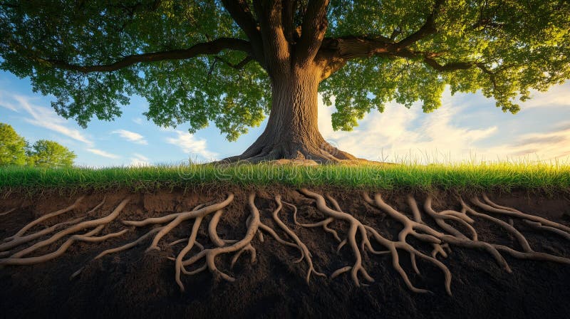 The Tree Stands Tall with Its Roots Visible, Bathed in the Soft Light ...