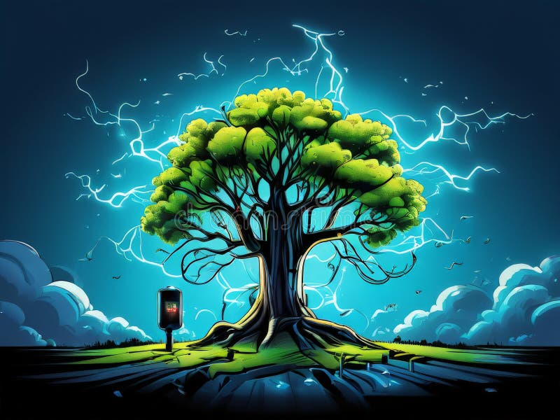 Tree and Storm with Lightning Stock Illustration - Illustration of ...