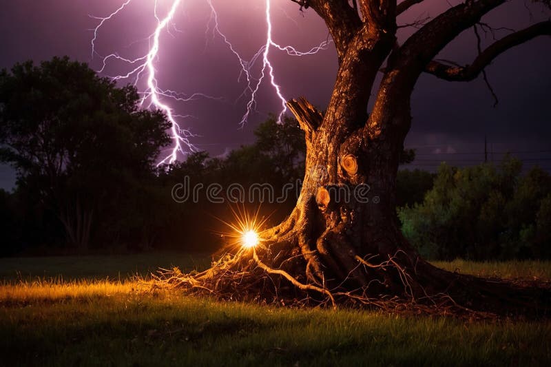 Tree Struck by Lightning in Violent Thunder Storm Stock Illustration ...