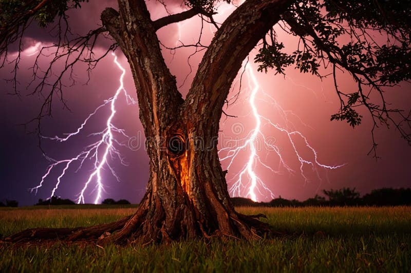 Tree Struck by Lightning in Violent Thunder Storm Stock Illustration ...
