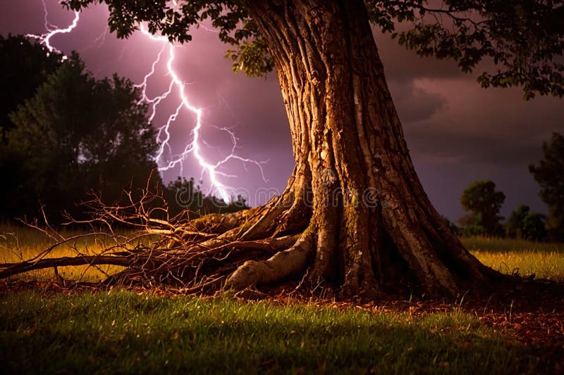 Tree Struck by Lightning in Violent Thunder Storm Stock Illustration ...