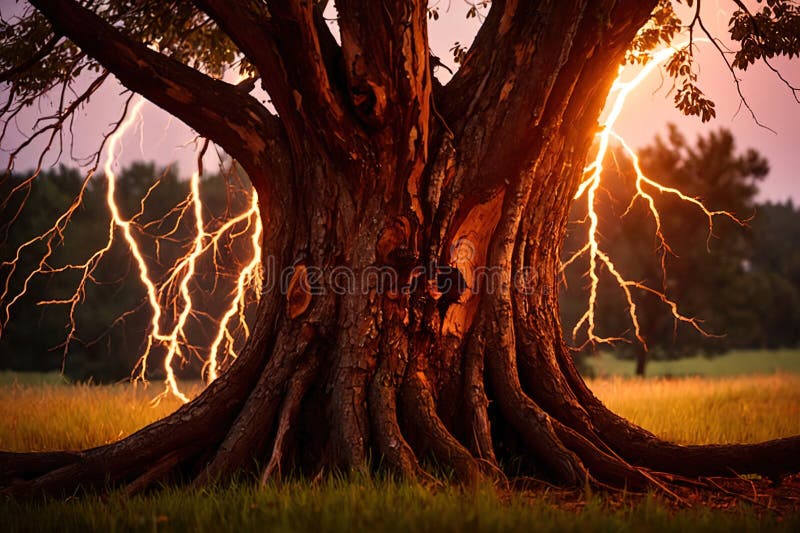 Tree Struck by Lightning in Violent Thunder Storm Stock Illustration ...