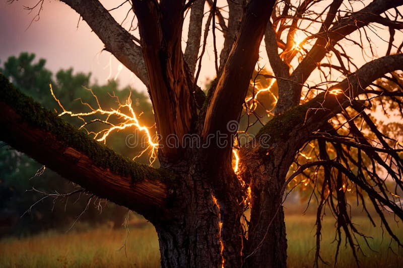 Tree Struck by Lightning in Violent Thunder Storm Stock Illustration ...