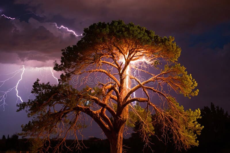 Tree Struck by Lightning in Violent Thunder Storm Stock Illustration ...