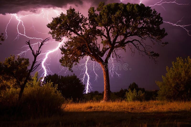 Tree Struck by Lightning in Violent Thunder Storm Stock Illustration ...
