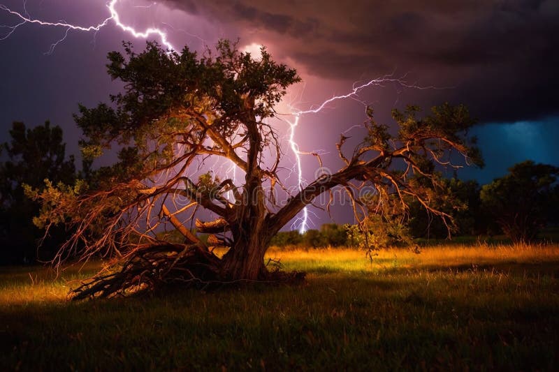 Tree Struck by Lightning in Violent Thunder Storm Stock Illustration ...