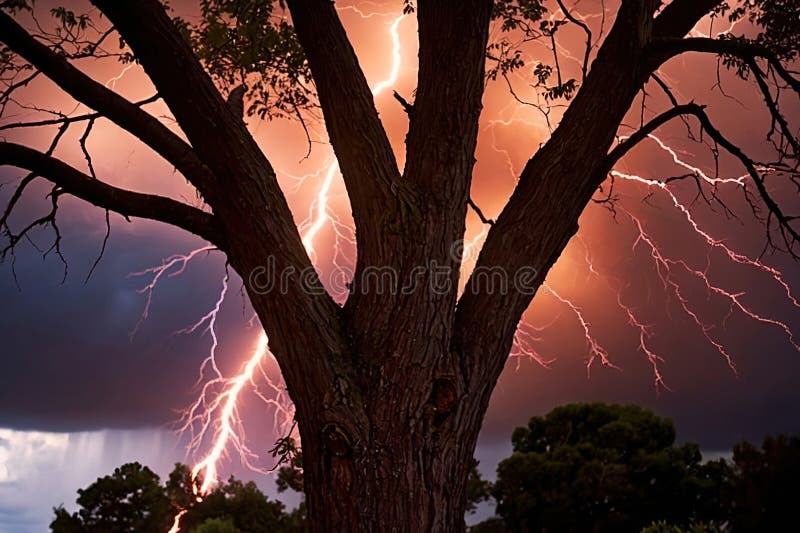 Tree Struck by Lightning in Violent Thunder Storm Stock Illustration ...
