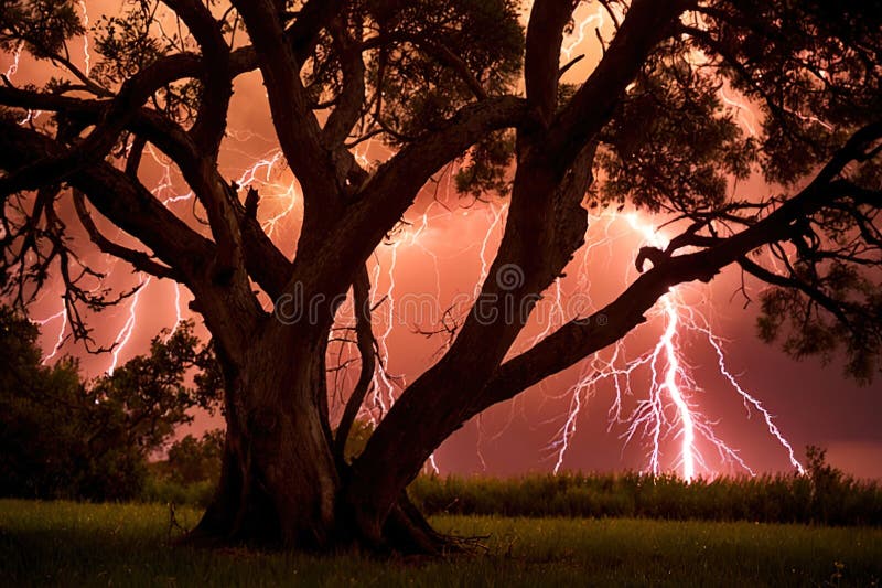 Tree Struck by Lightning in Violent Thunder Storm Stock Illustration ...