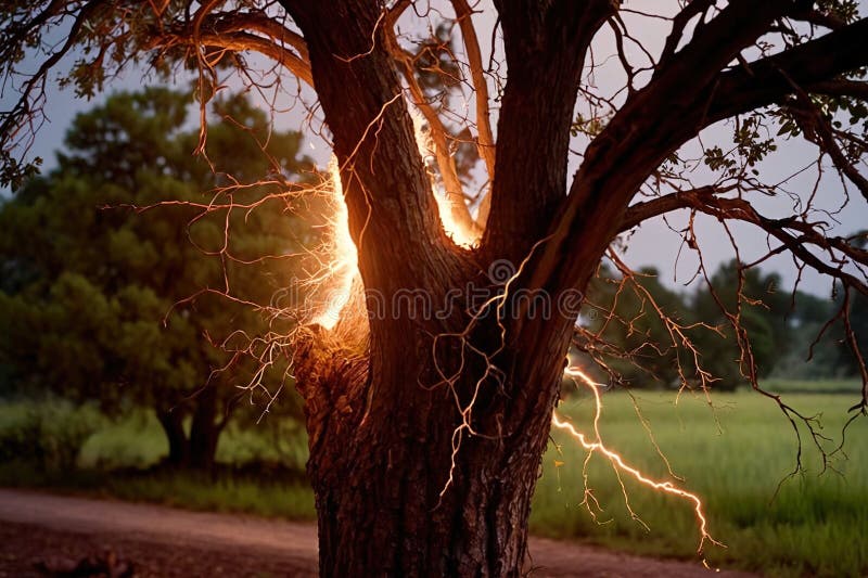 Tree Struck by Lightning in Violent Thunder Storm Stock Illustration ...