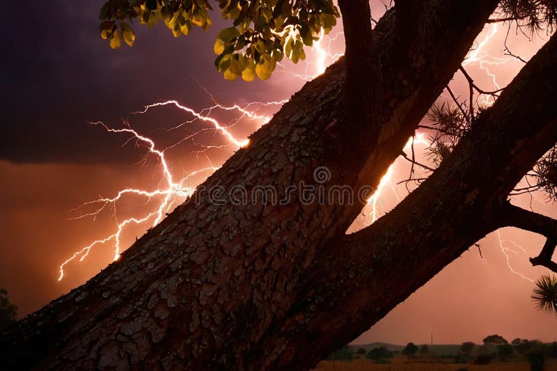 Tree Struck by Lightning in Violent Thunder Storm Stock Illustration ...