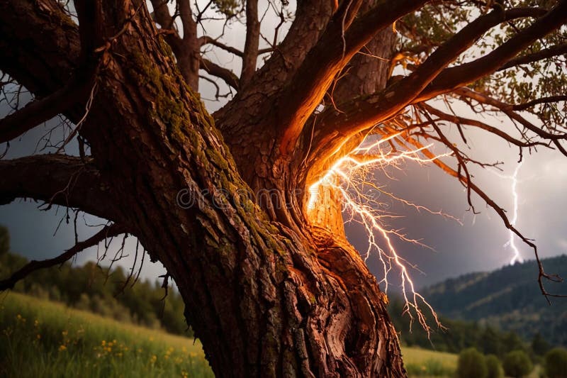 Tree Struck by Lightning in Violent Thunder Storm Stock Illustration ...