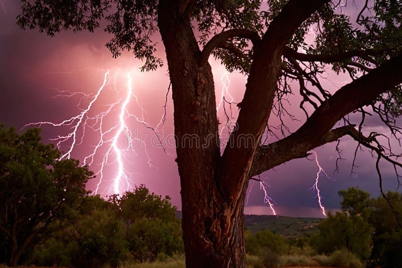 Tree Struck by Lightning in Violent Thunder Storm Stock Illustration ...