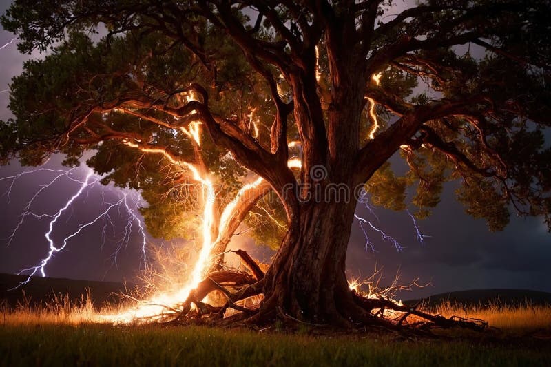 Tree Struck by Lightning in Violent Thunder Storm Stock Illustration ...