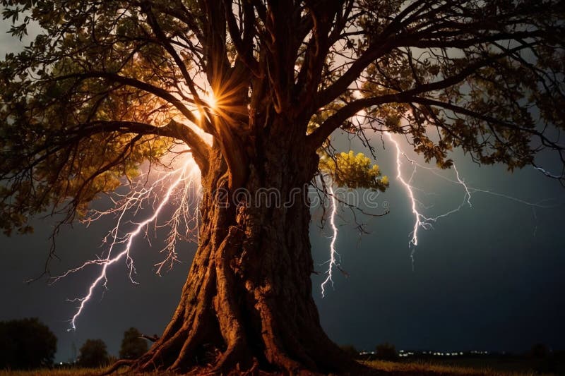 Tree Struck by Lightning in Violent Thunder Storm Stock Illustration ...