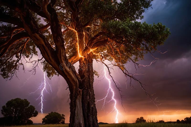 Tree Struck by Lightning in Violent Thunder Storm Stock Illustration ...
