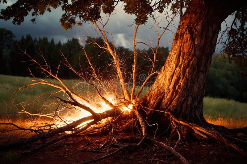 Tree Struck by Lightning in Violent Thunder Storm Stock Illustration ...