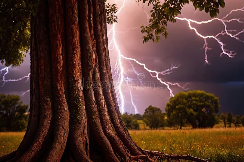 Tree Struck by Lightning in Violent Thunder Storm Stock Illustration ...